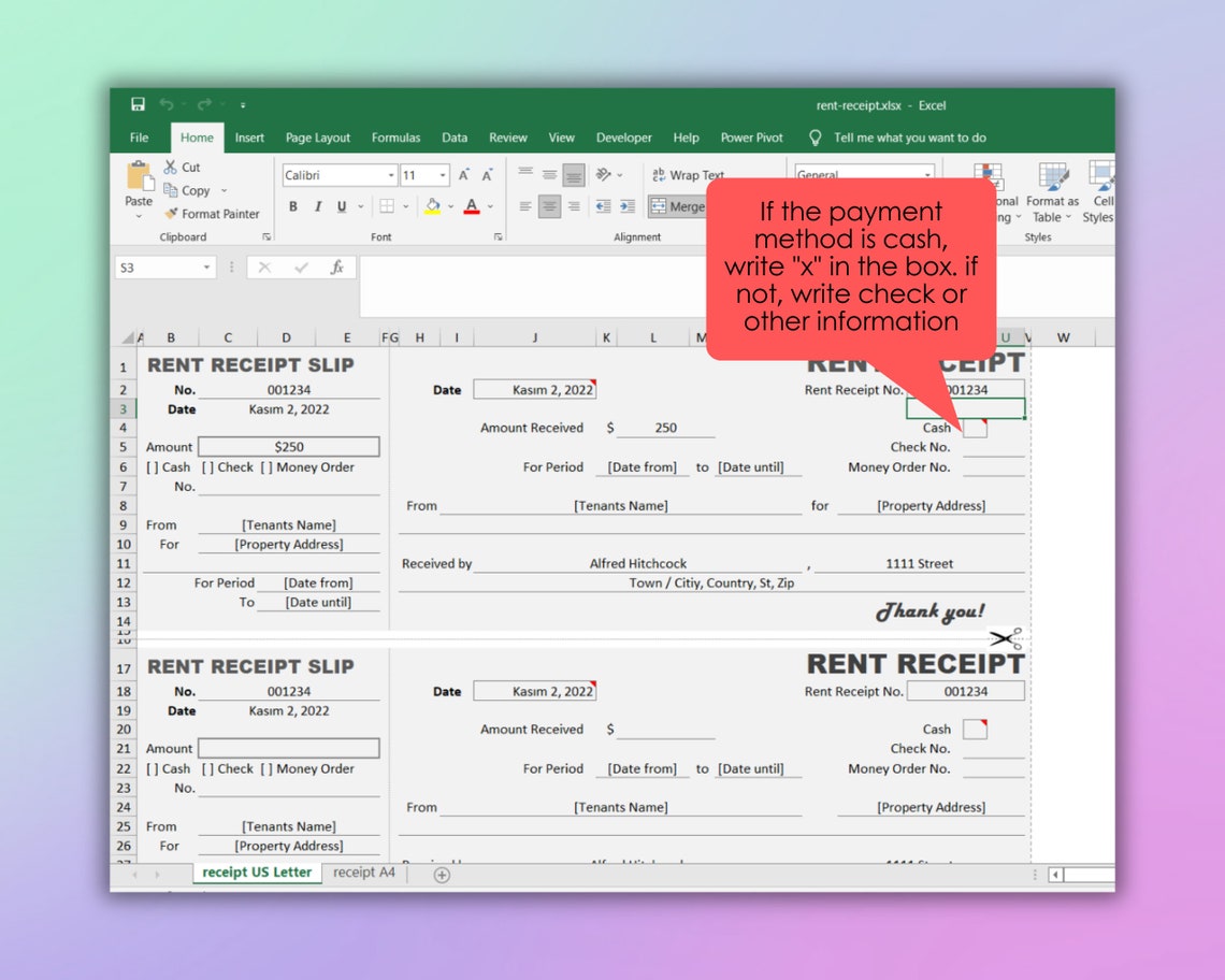 Rental Receipt Template, Excel, Google Sheets, PDF, Receipt Form, for ...