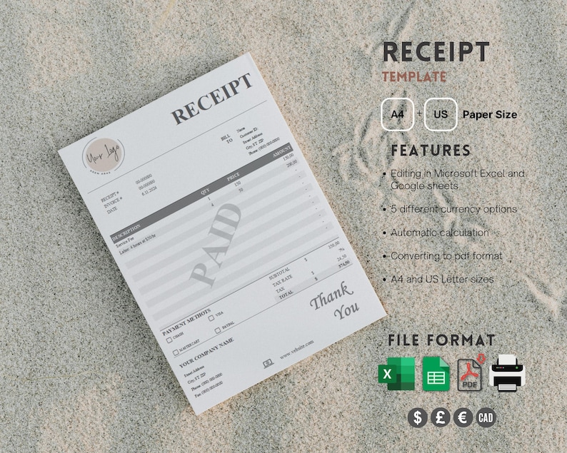 Printable Receipt Template: Editable Excel & Google Sheets (PDF) - Etsy