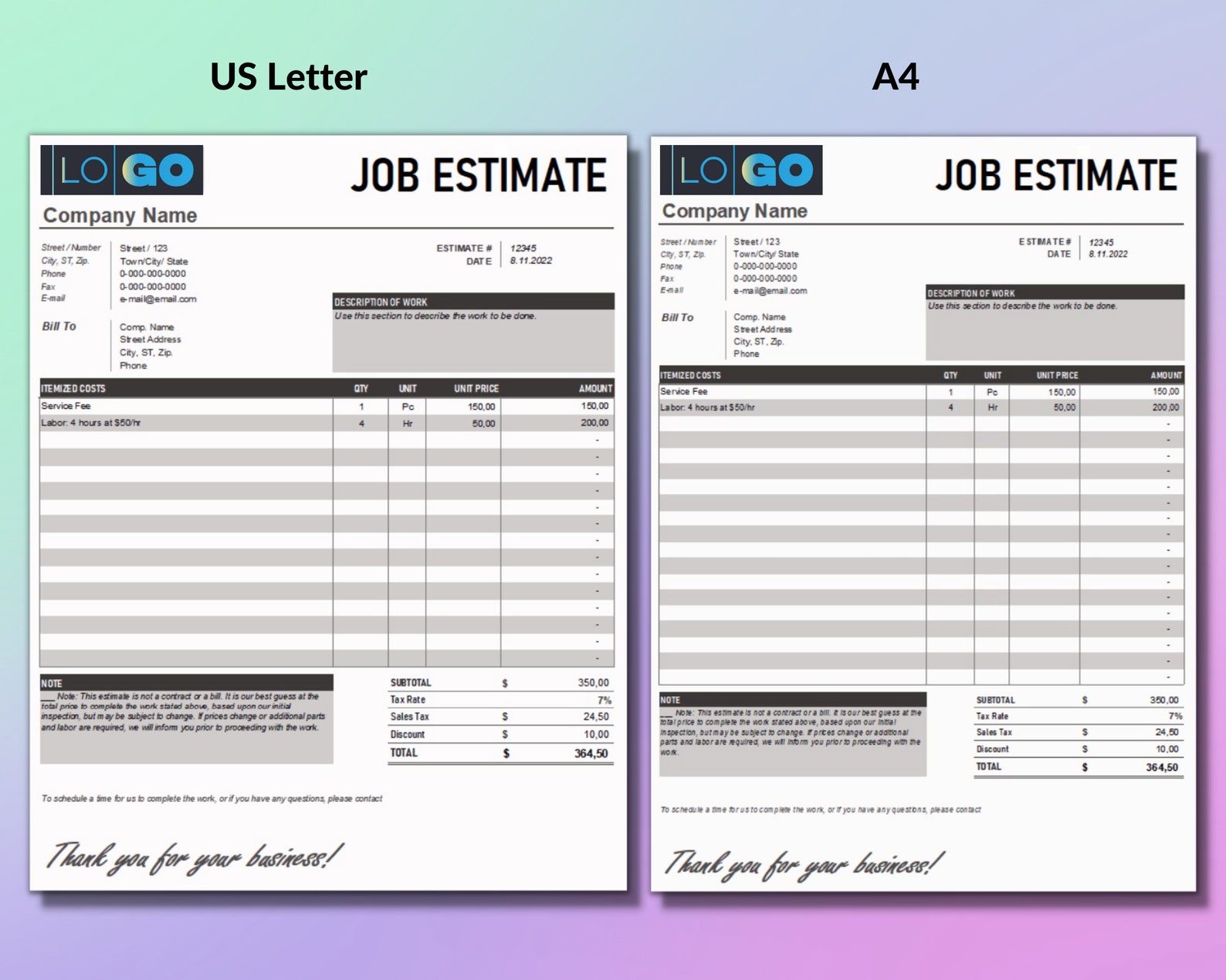 Editable Job Estimate Template: Small Business Invoice (excel, Google ...