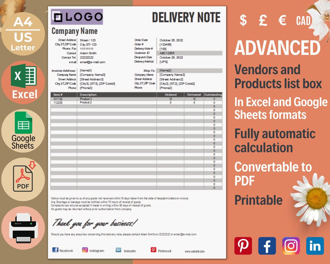 Advanced Delivery Note Template Packing Slip Google Sheets - Etsy