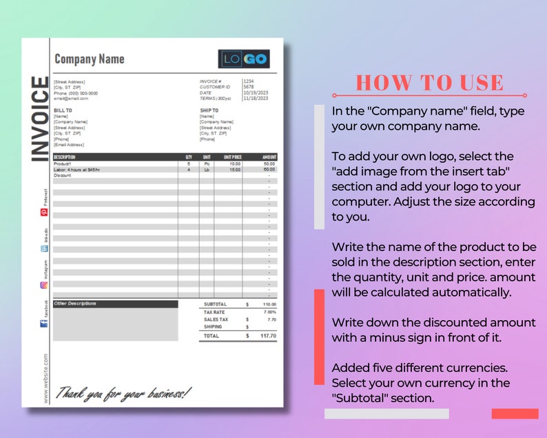 Invoice Template Excel and Google Sheets, Easy Invoice Template With ...