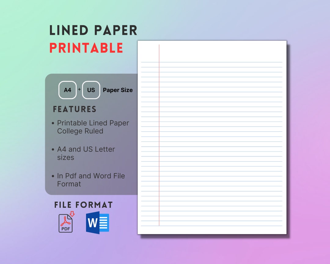 Printable Lined Paper, College Ruled, A4, US Letter, PDF, Microsoft ...