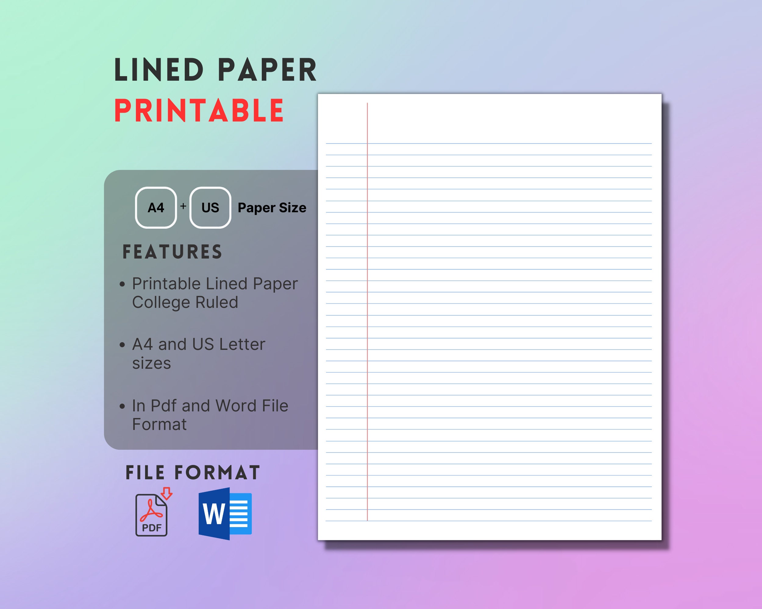 Printable Lined Paper, College Ruled, A4, US Letter, PDF, Microsoft ...