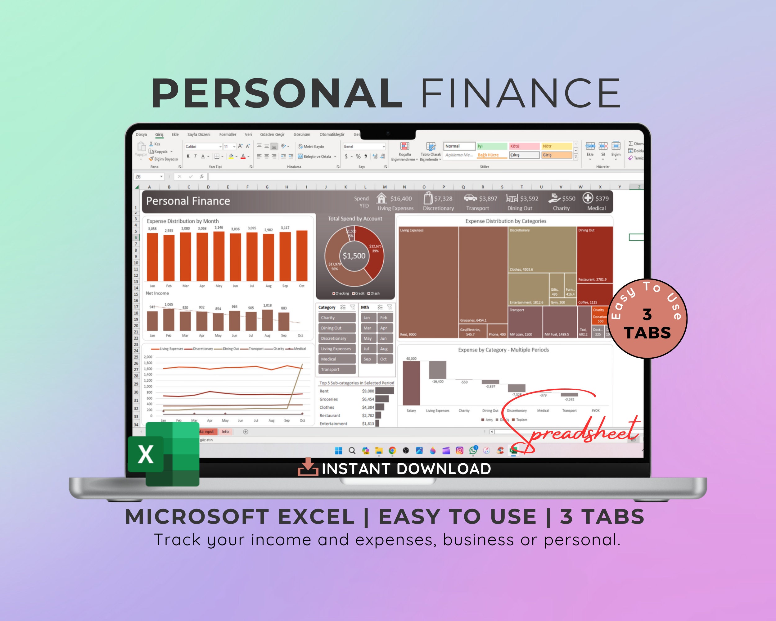 Personal Expense Income Tracking Spreadsheet for EXCEL, Personal Budget ...
