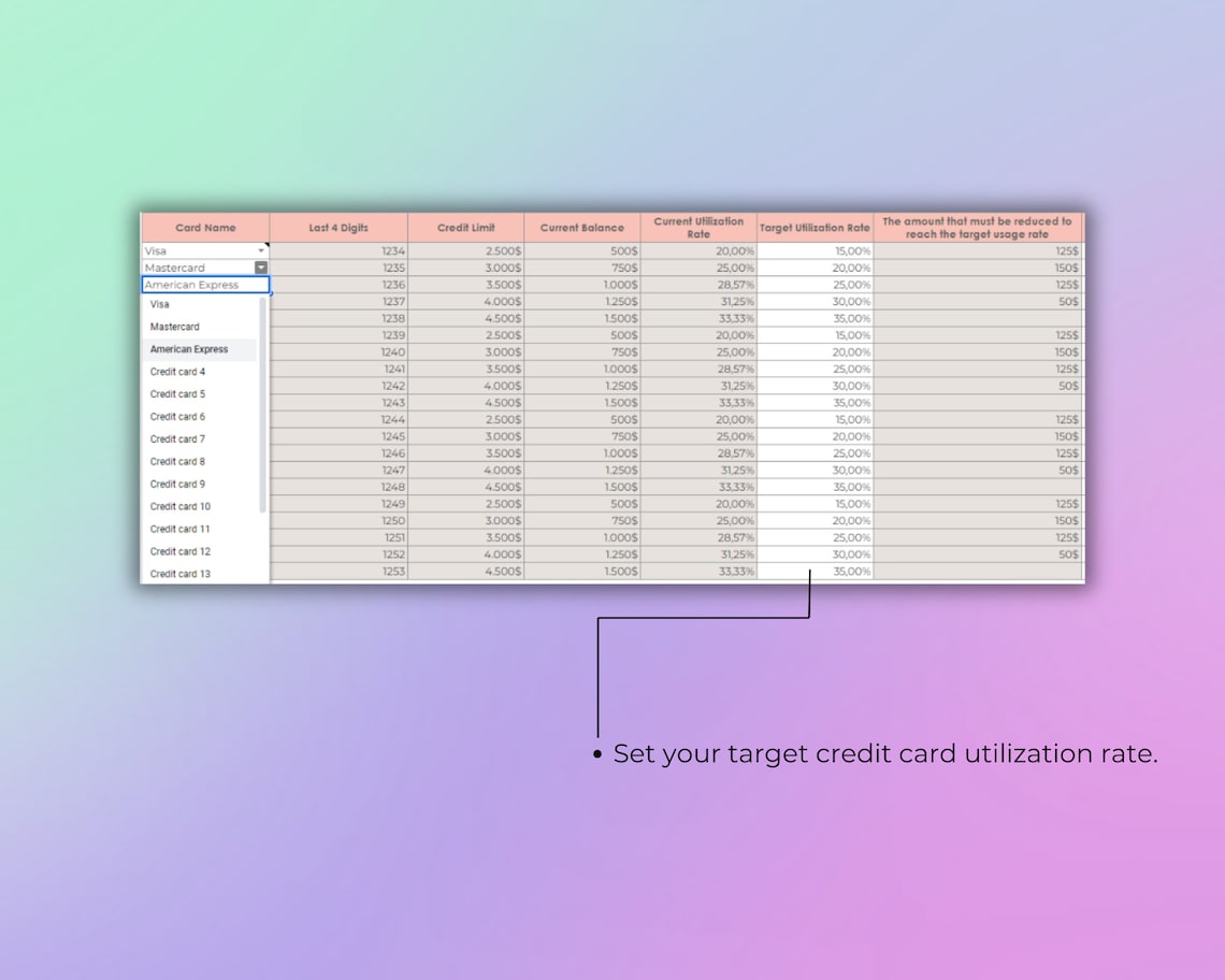 Credit Card Utilization Tracker: Excel Spreadsheet Template (digital ...