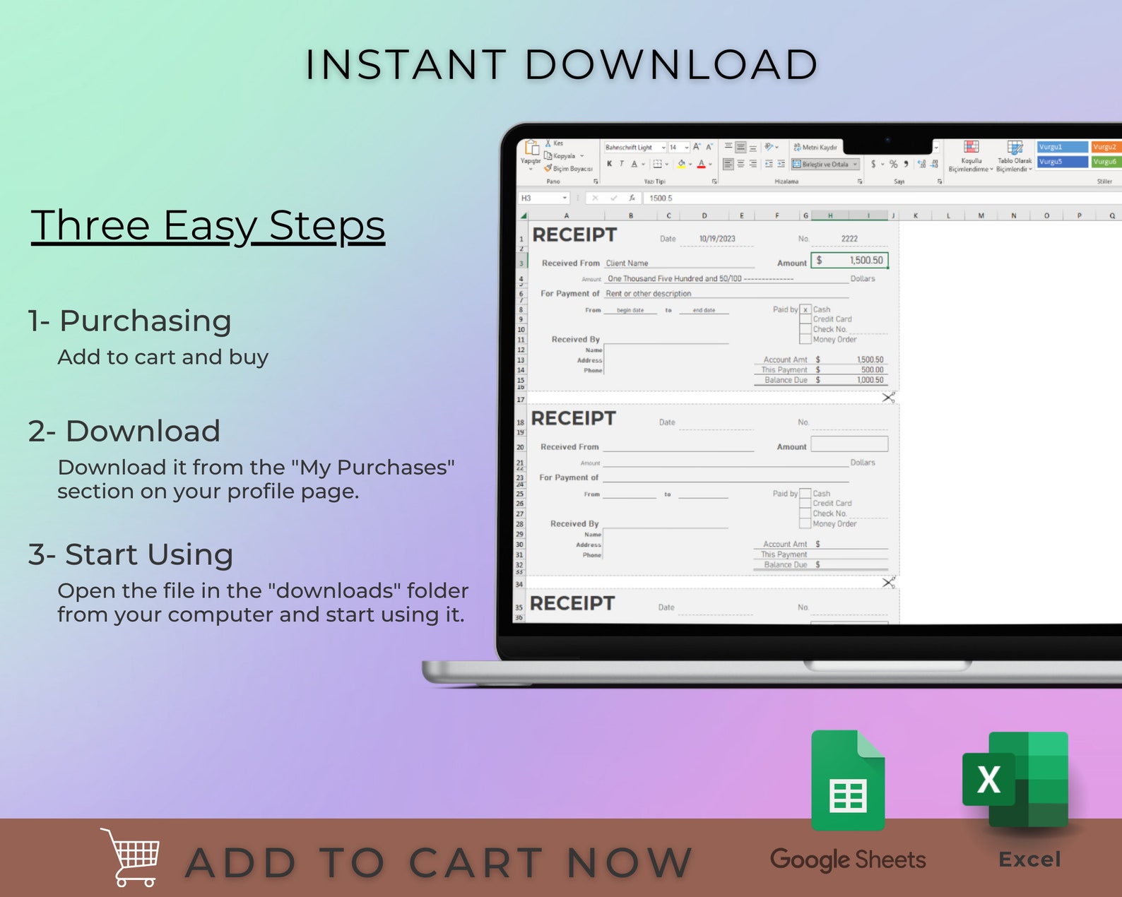 Receipt Template Excel and Google Sheets, Convertible PDF, Receipt Form, for Small Business ...