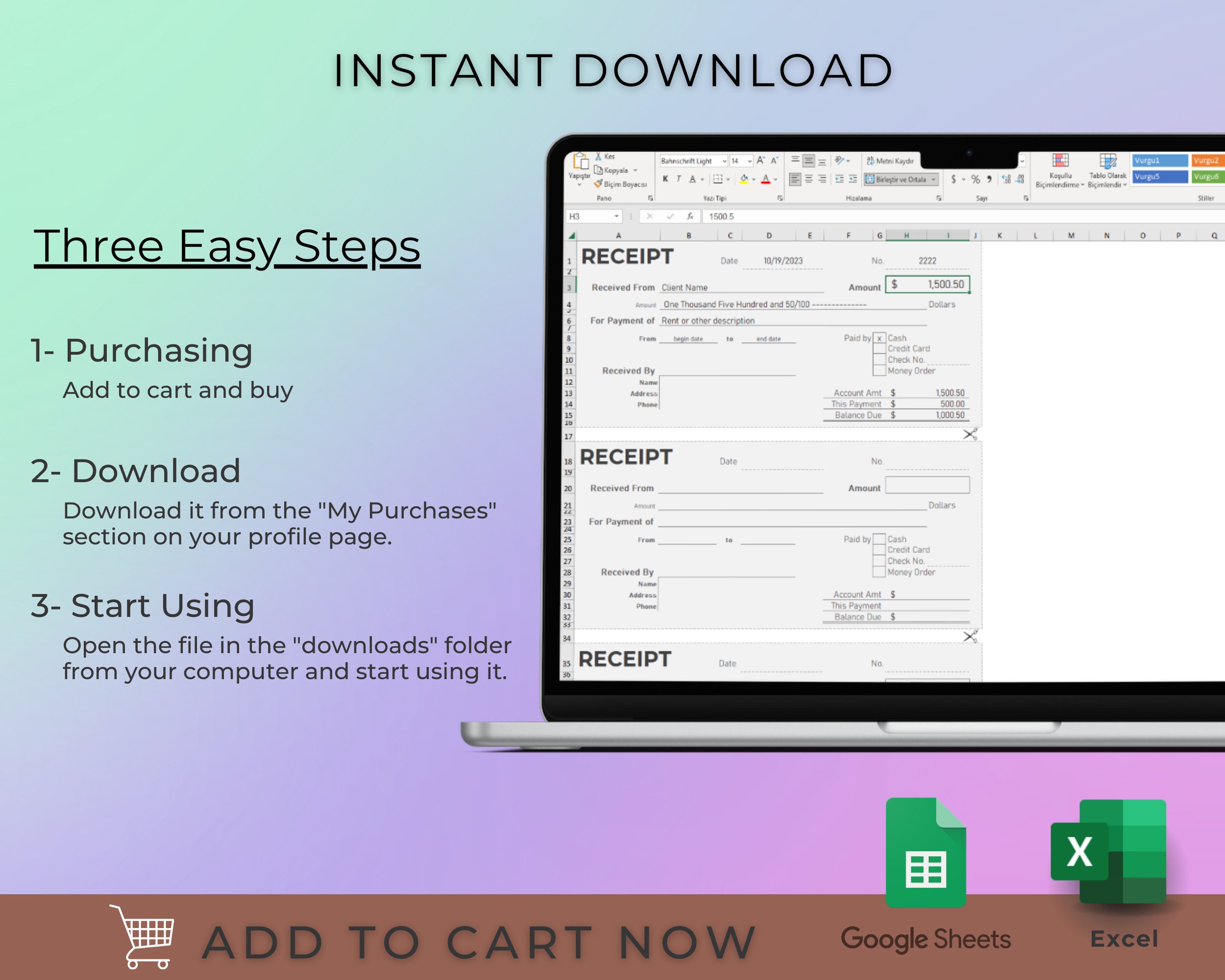 Receipt Template Excel and Google Sheets, Convertible PDF, Receipt Form ...