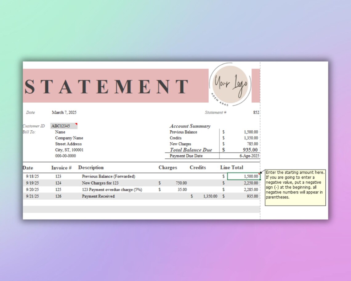 Advanced Account Statement Template: Excel & Google Sheets (PDF) - Etsy
