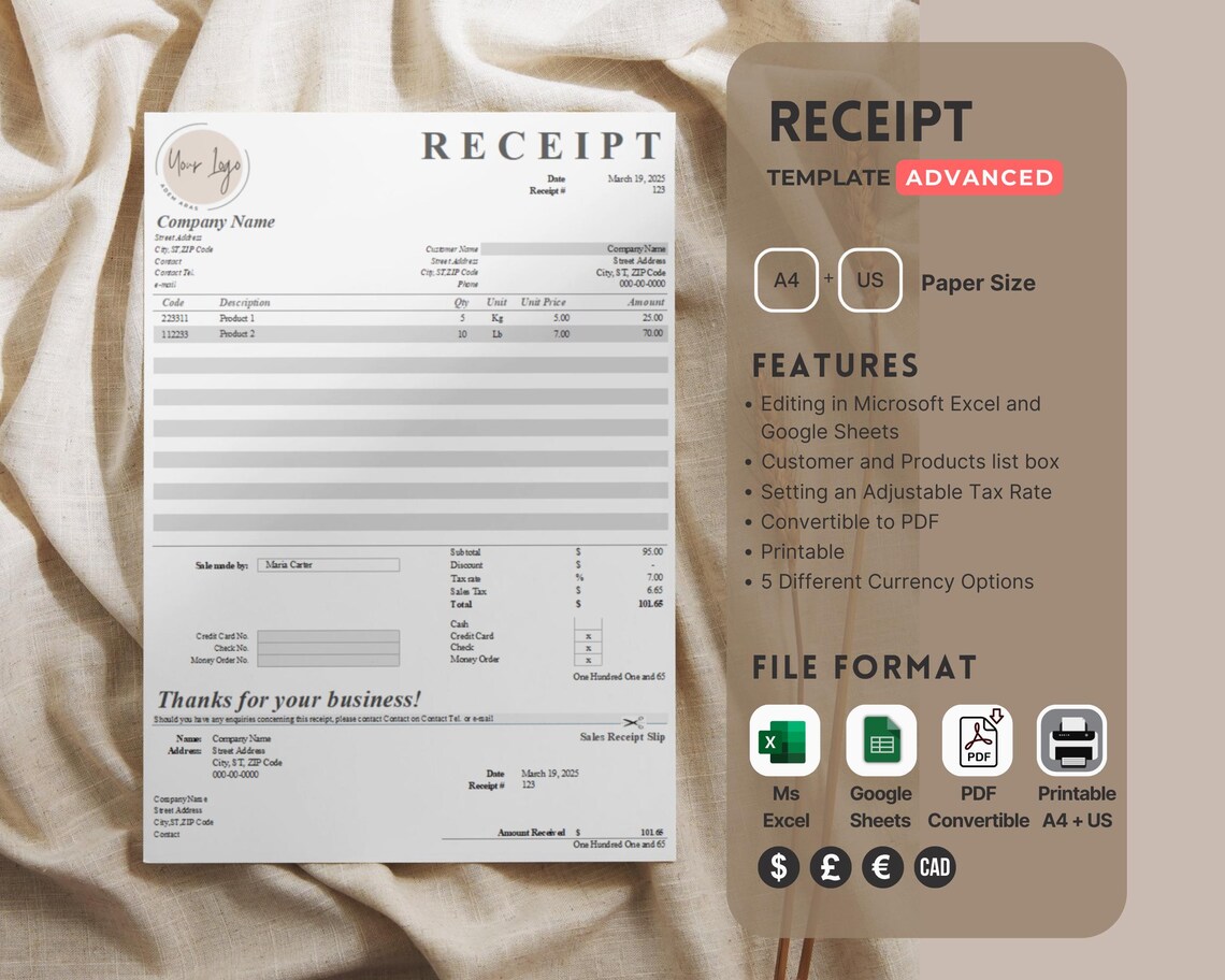 Advanced Receipt Template, Excel, Google Sheets, Convertible PDF ...