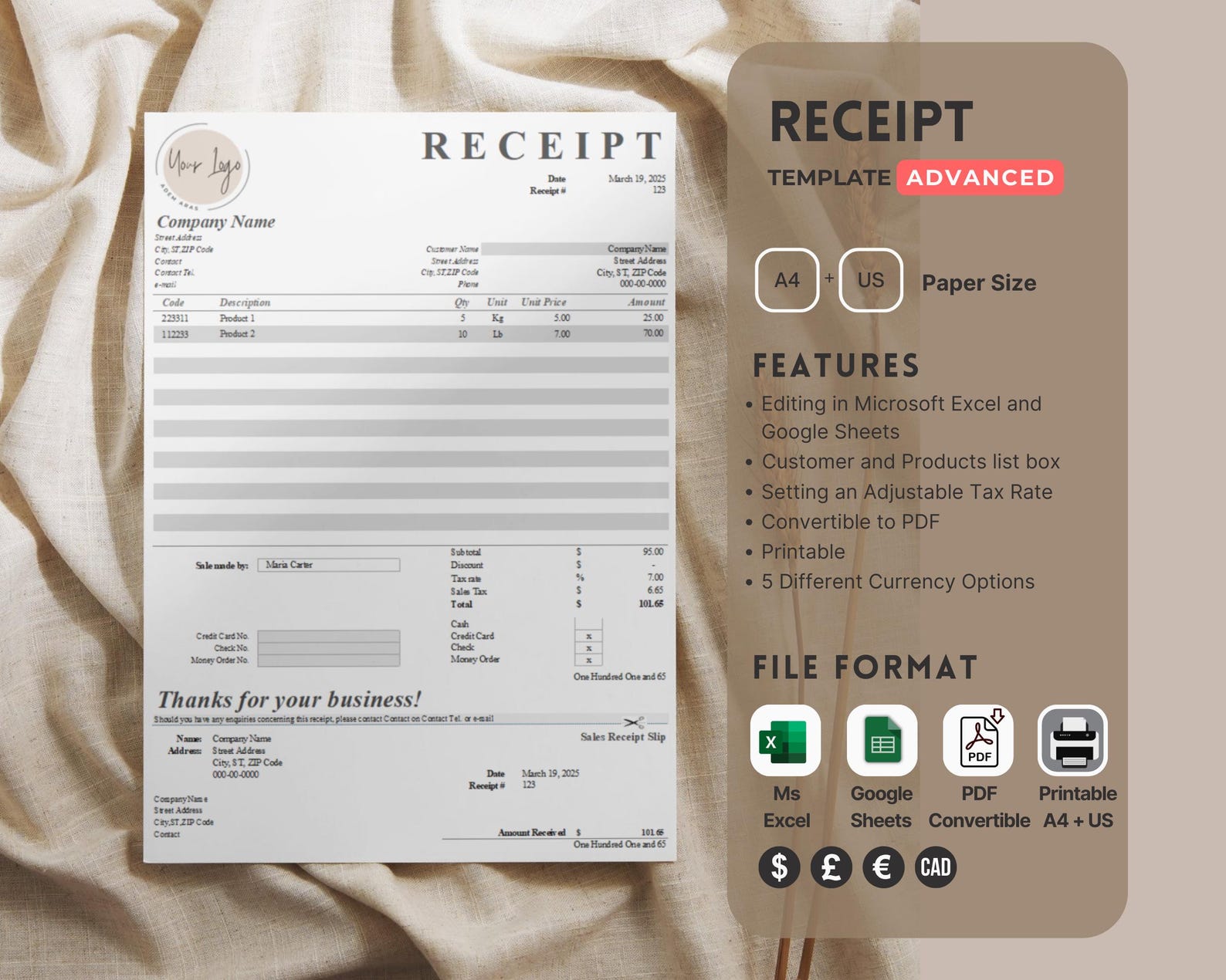 Advanced Receipt Template, Excel, Google Sheets, Convertible PDF ...