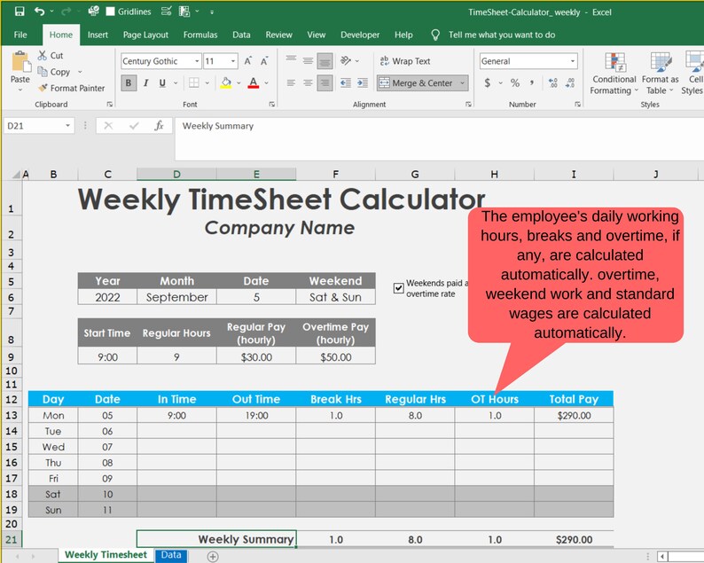 Weekly Timesheets Employee Table, With Break, Salary Calculator, Excel ...
