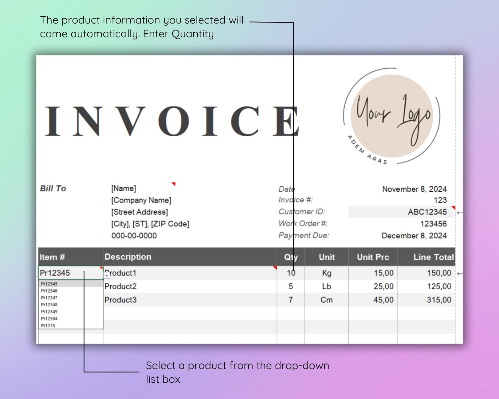 Advanced Invoice Template, Selected From Customers and Products List ...