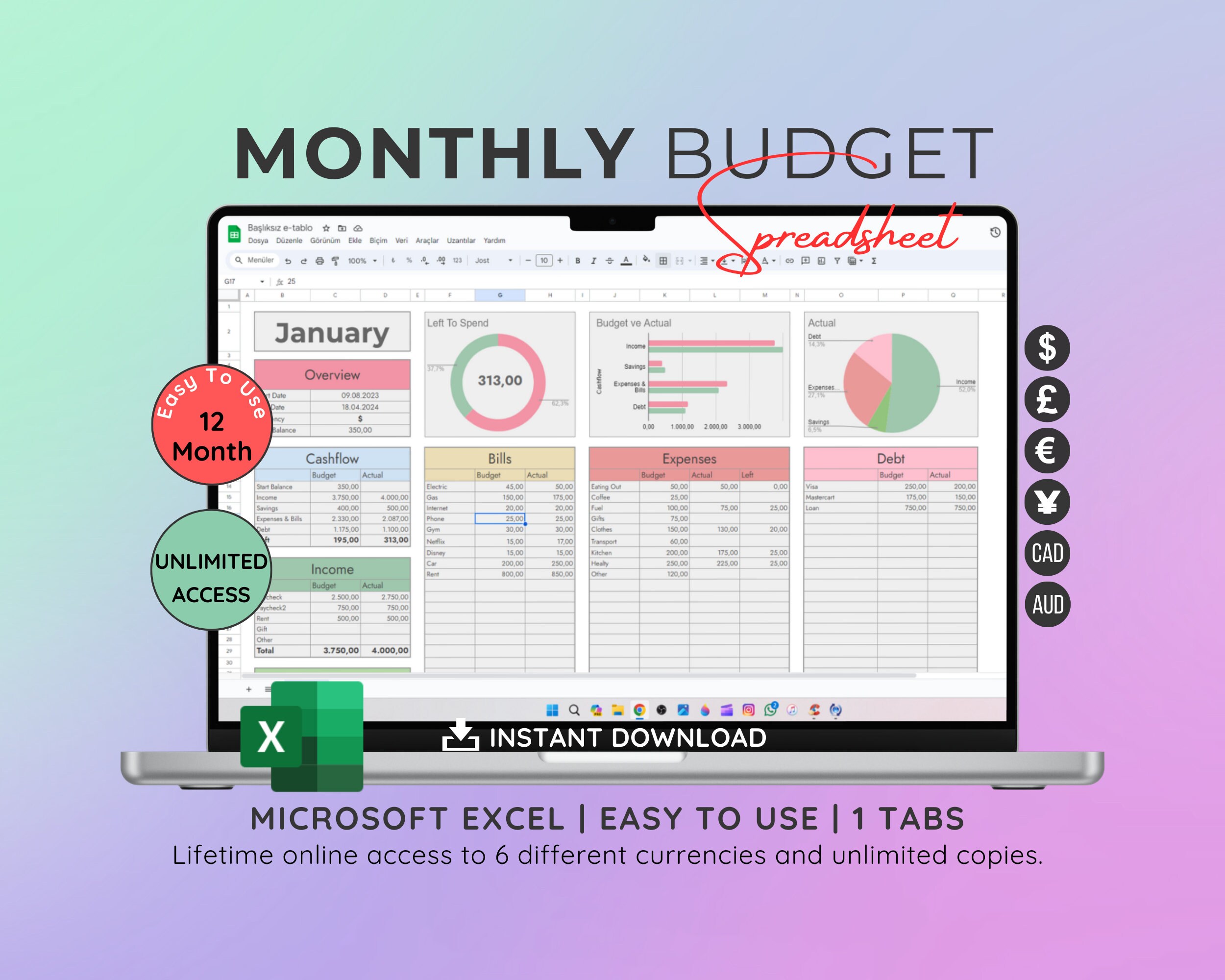 Excel Monthly Budget Template Planner, Finance Tracker Budget ...
