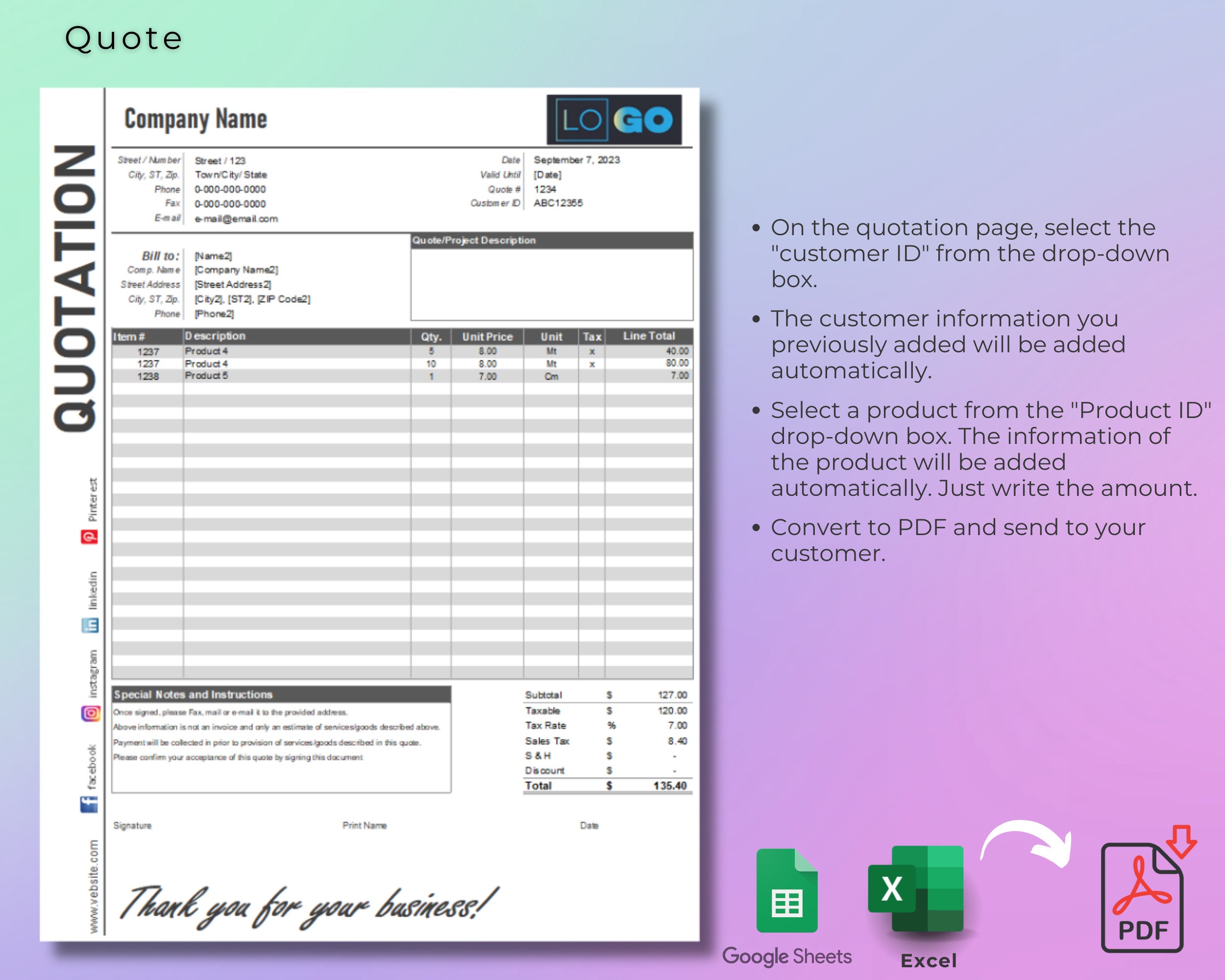 Automated Price List and Quote Template, Google Sheets and Excel, PDF ...