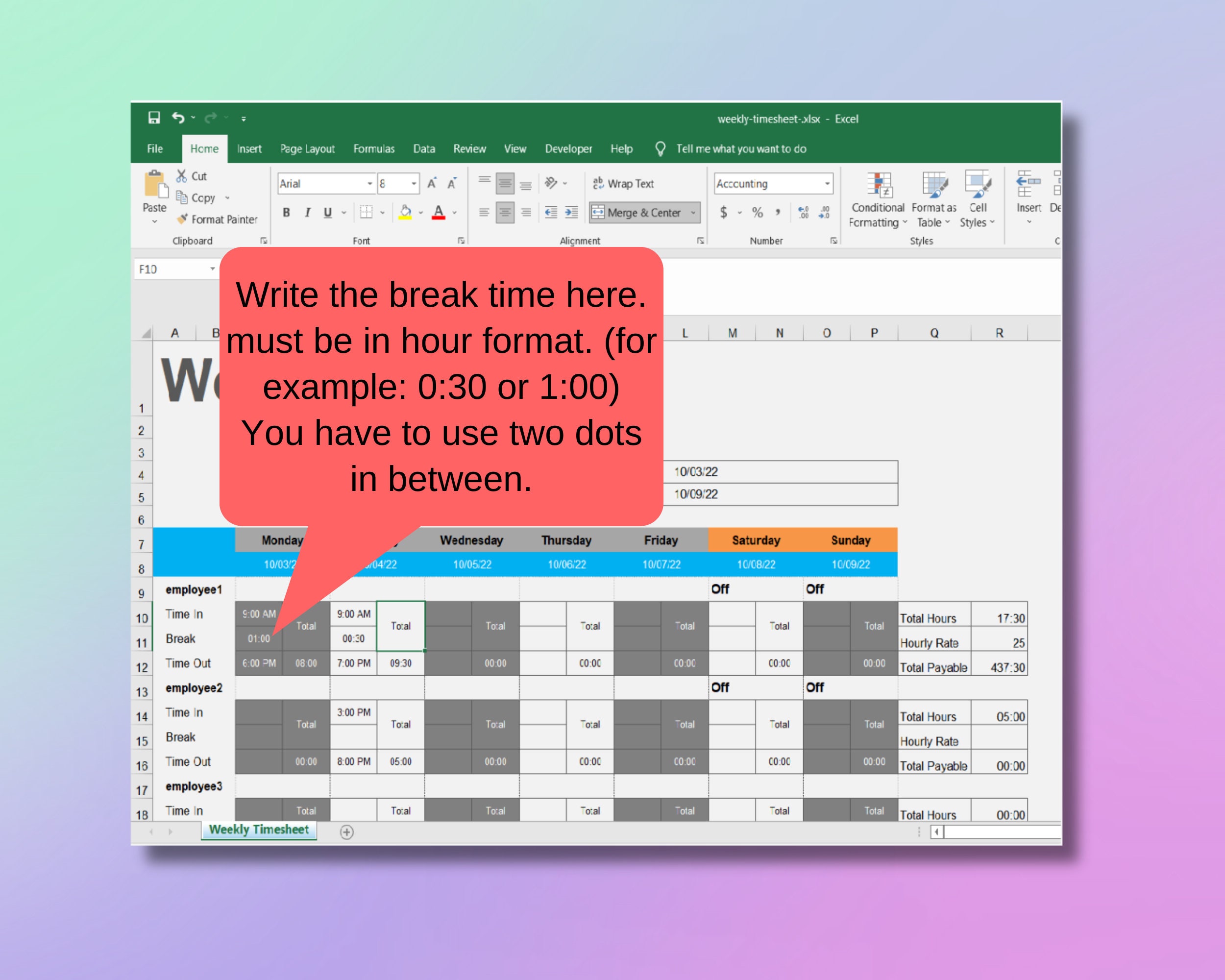 Weekly Time Sheet for Multiple Employees With Breaks, Scheduler ...