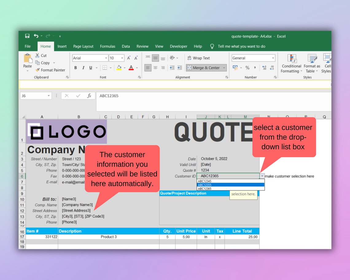 Advanced Quote Template, Excel, Google Sheets, PDF Convertible, Quote ...