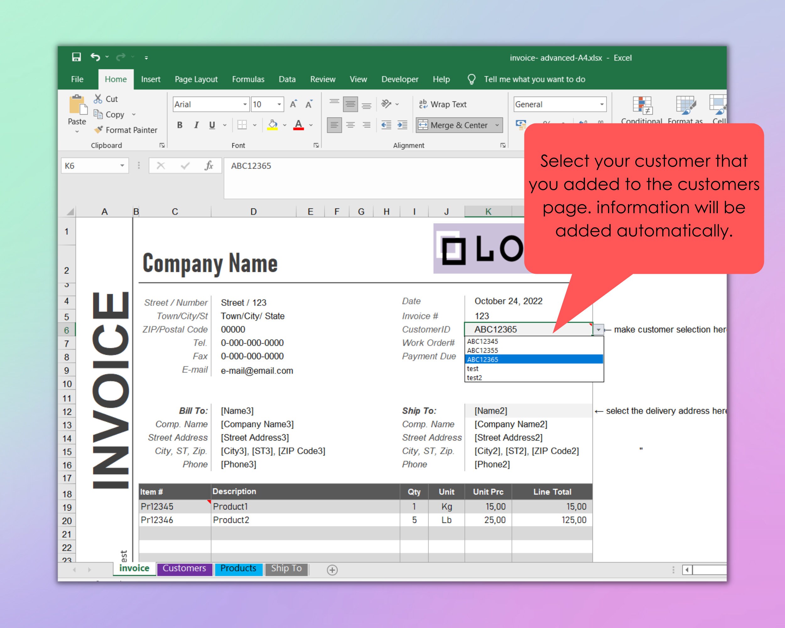Advanced Invoice and Receipt Template, Selected From Customers and ...