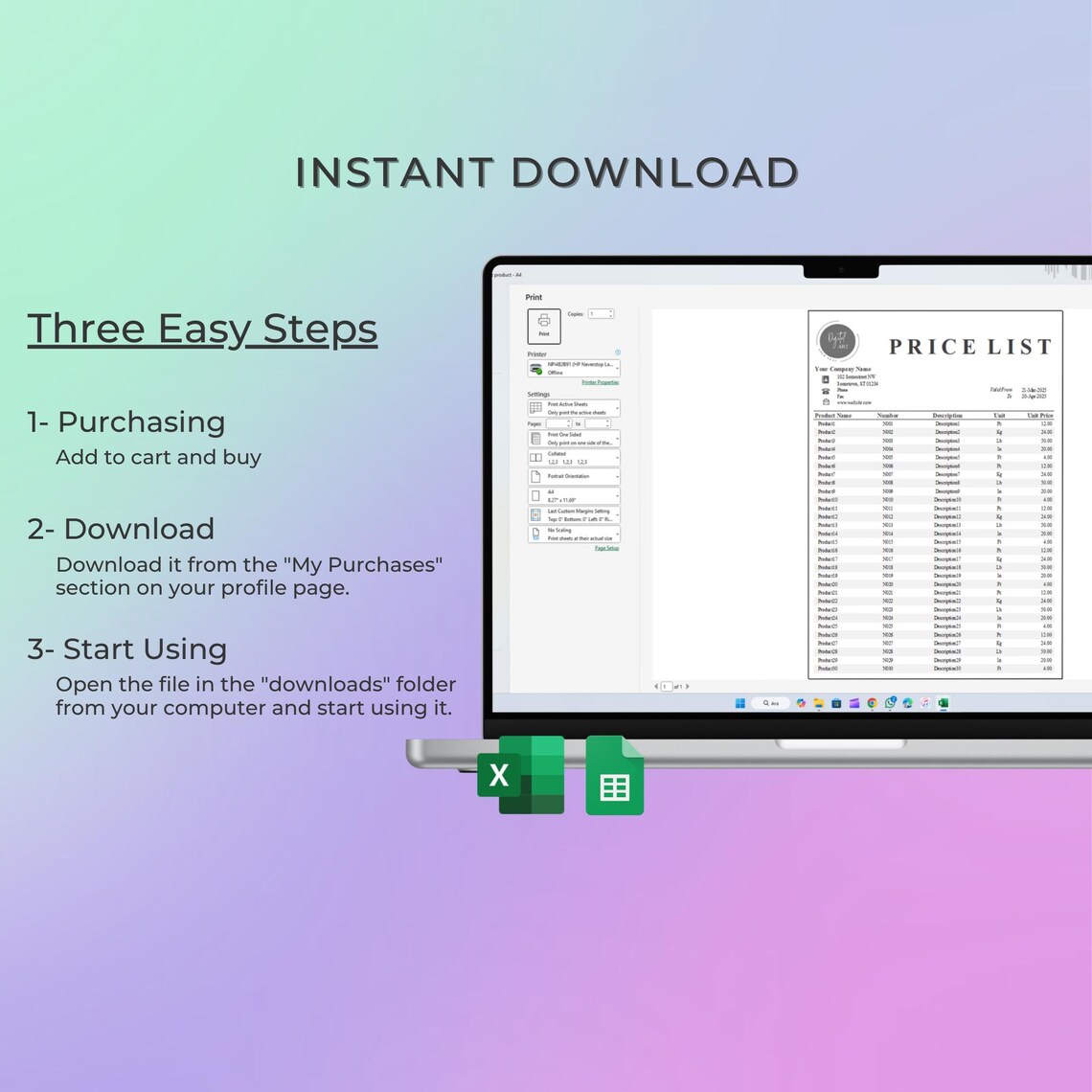 Price List Template, Microsoft Excel, Google Spreadsheet PDF ...