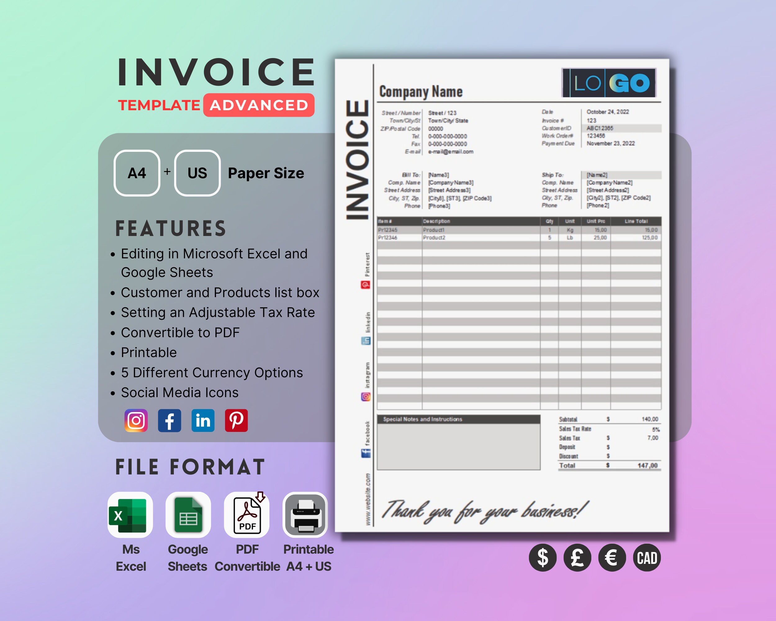 Advanced Invoice Template, Selected From Customers and Products List ...