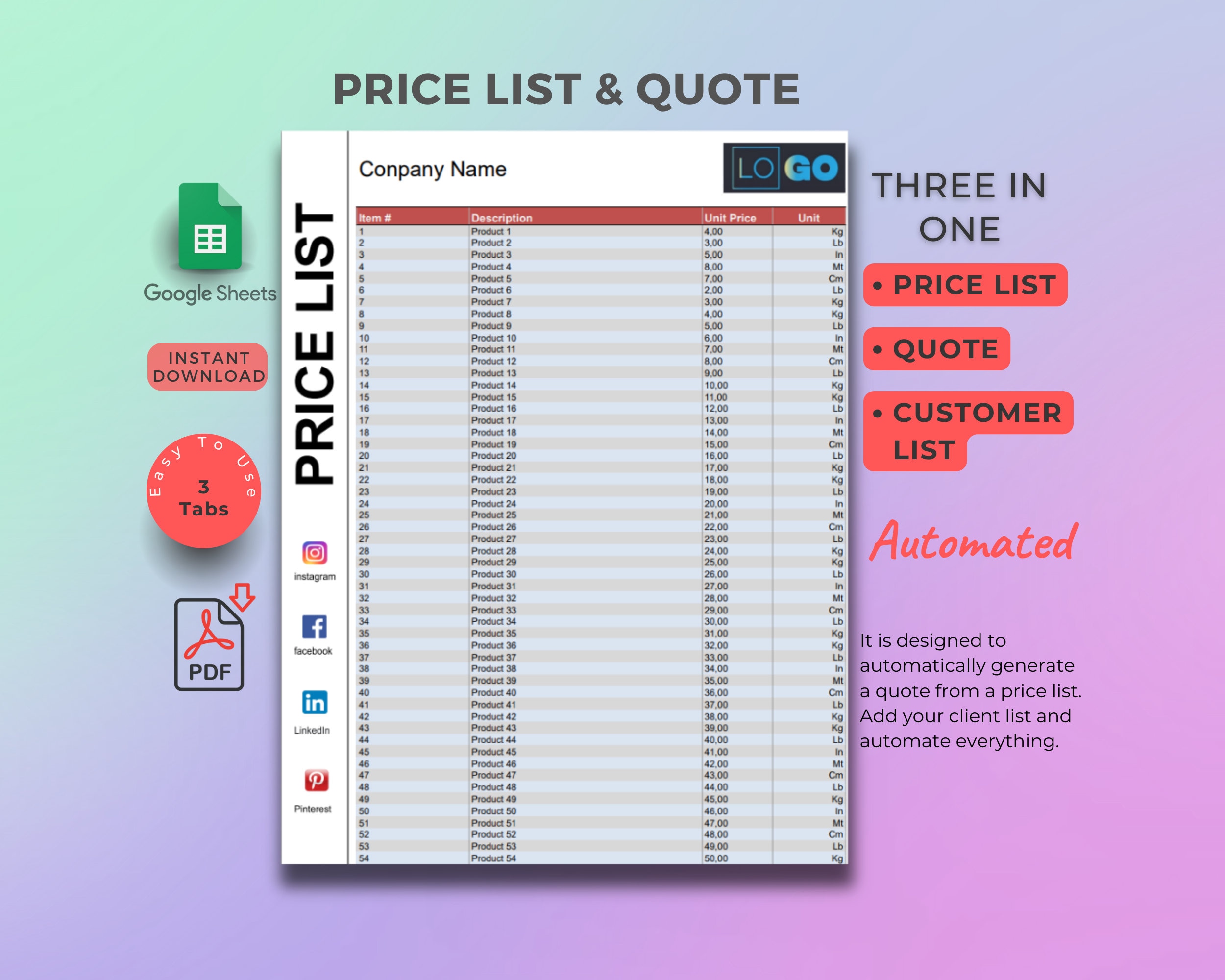 Price List and Quote Template, Google Sheets, PDF Convertible ...