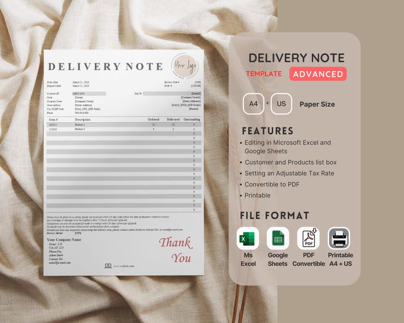 Advanced Delivery Note Template, Packing Slip, Google Sheets, MS Excel ...