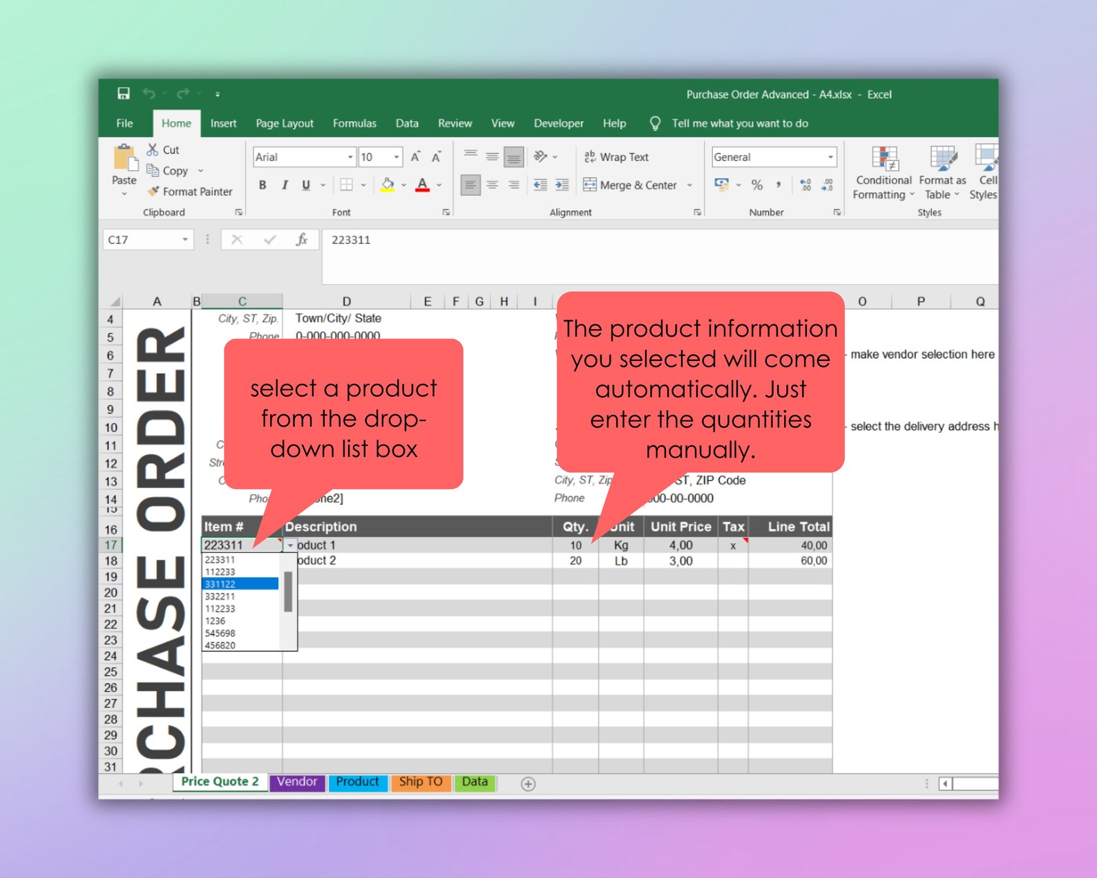 Advanced Purchase Order Form Template, Google Sheets, MS Excel ...