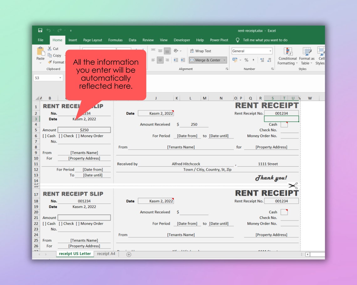 Rental Receipt Template, Excel, Google Sheets, PDF, Receipt Form, for ...