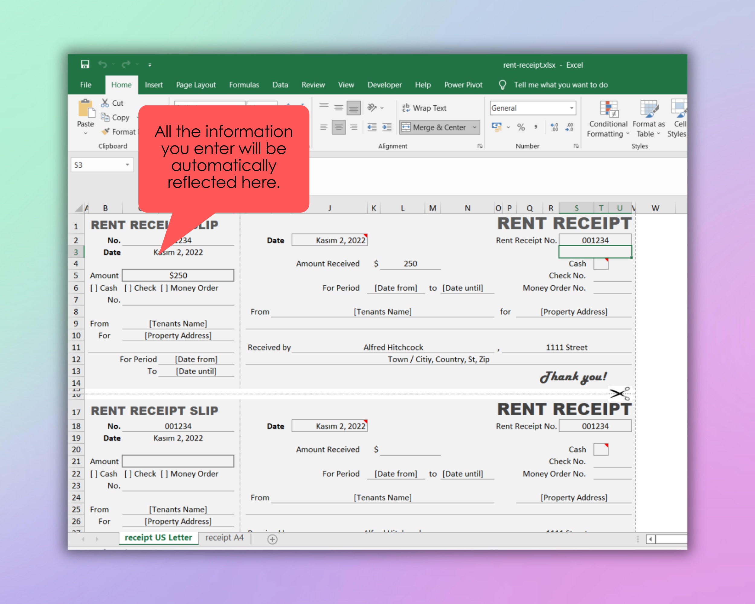 Rental Receipt Template, Excel, Google Sheets, PDF, Receipt Form, for ...
