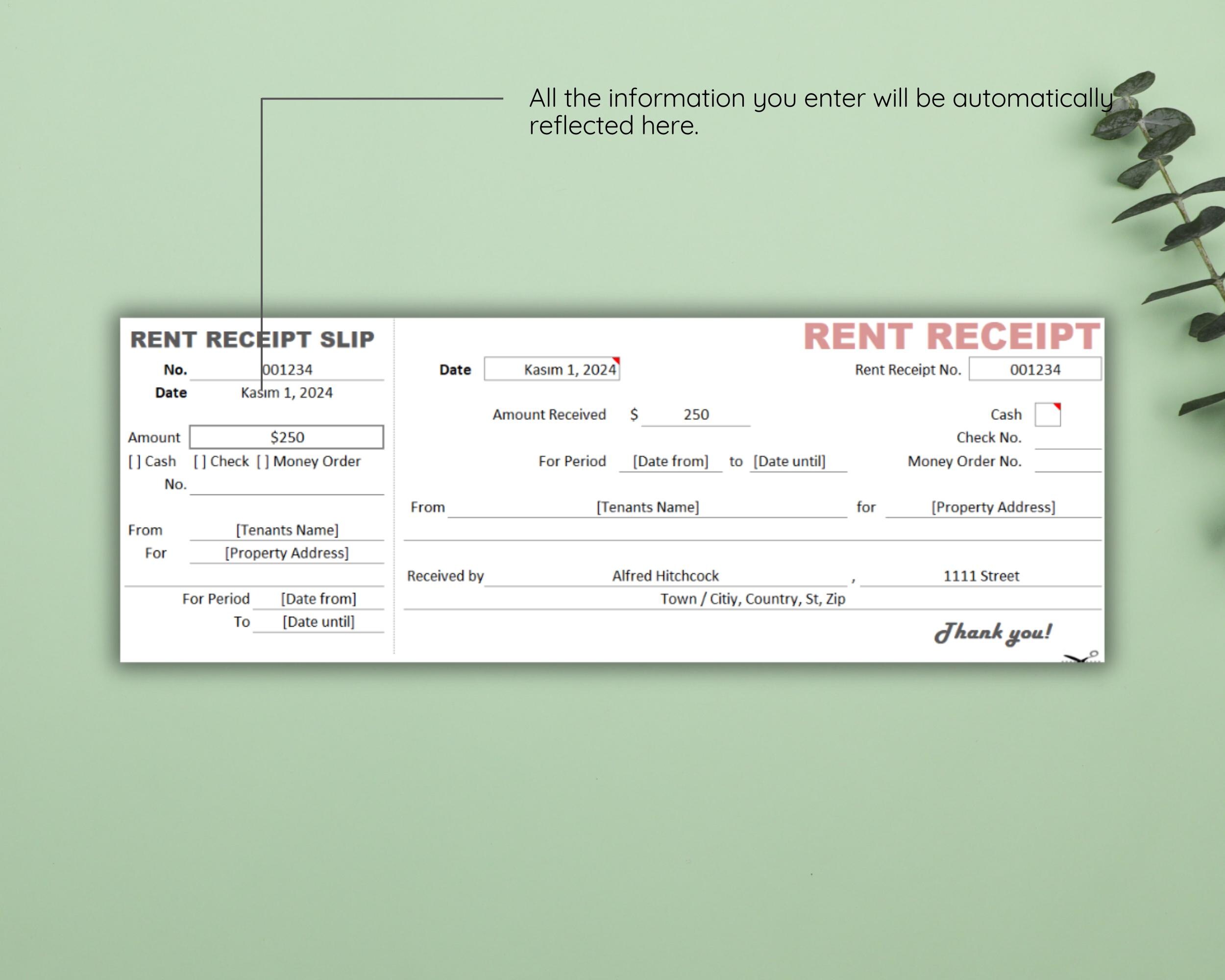 Rental Receipt Template, Excel, Google Sheets, PDF, Receipt Form, for ...