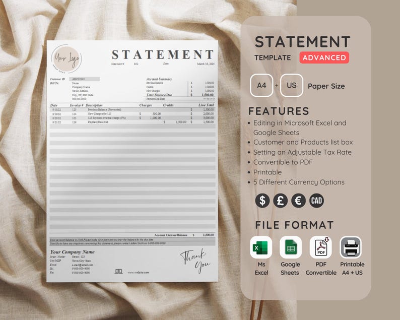 Customer Account Statement Template: Excel & Google Sheets (digital ...
