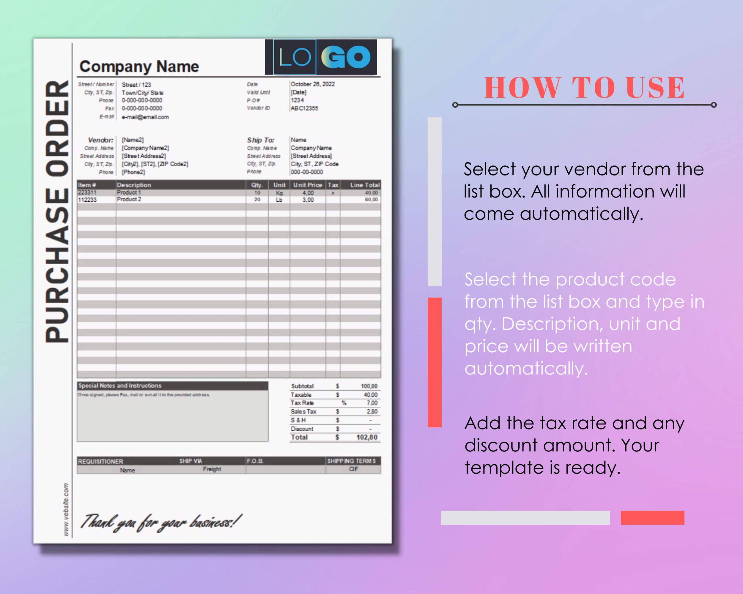 Advanced Invoice and Purchase Order Template, Selected From Customers ...