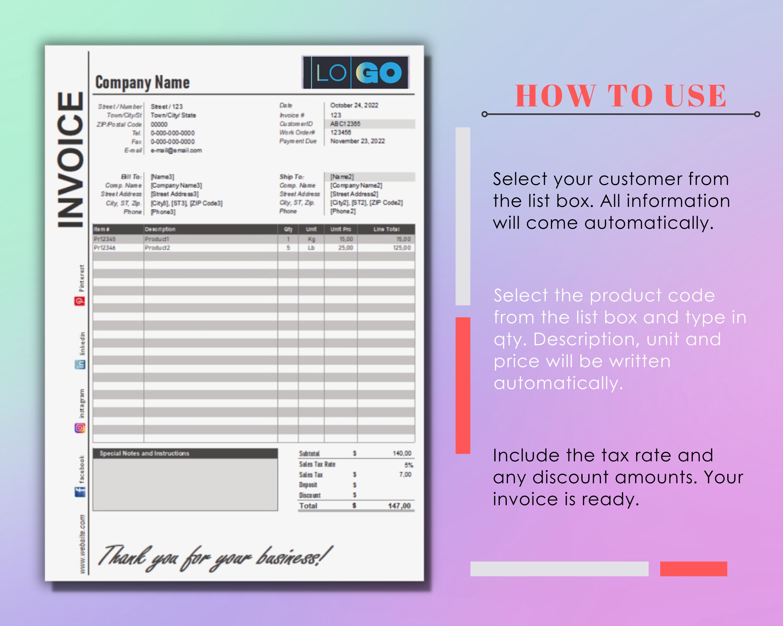 Advanced Invoice Template, Selected From Customers and Products List ...