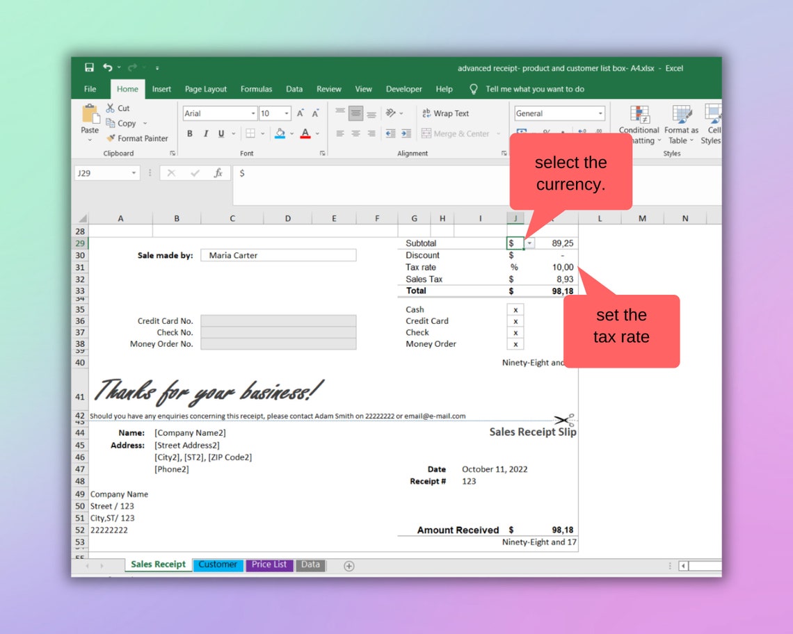 Advanced Receipt Template, Excel, Google Sheets, Convertible PDF ...