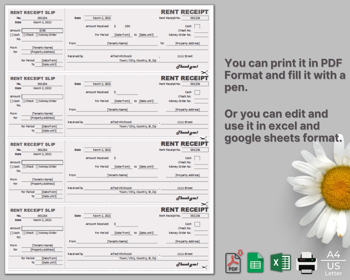 Rental Receipt Template Excel Google Sheets PDF Receipt - Etsy