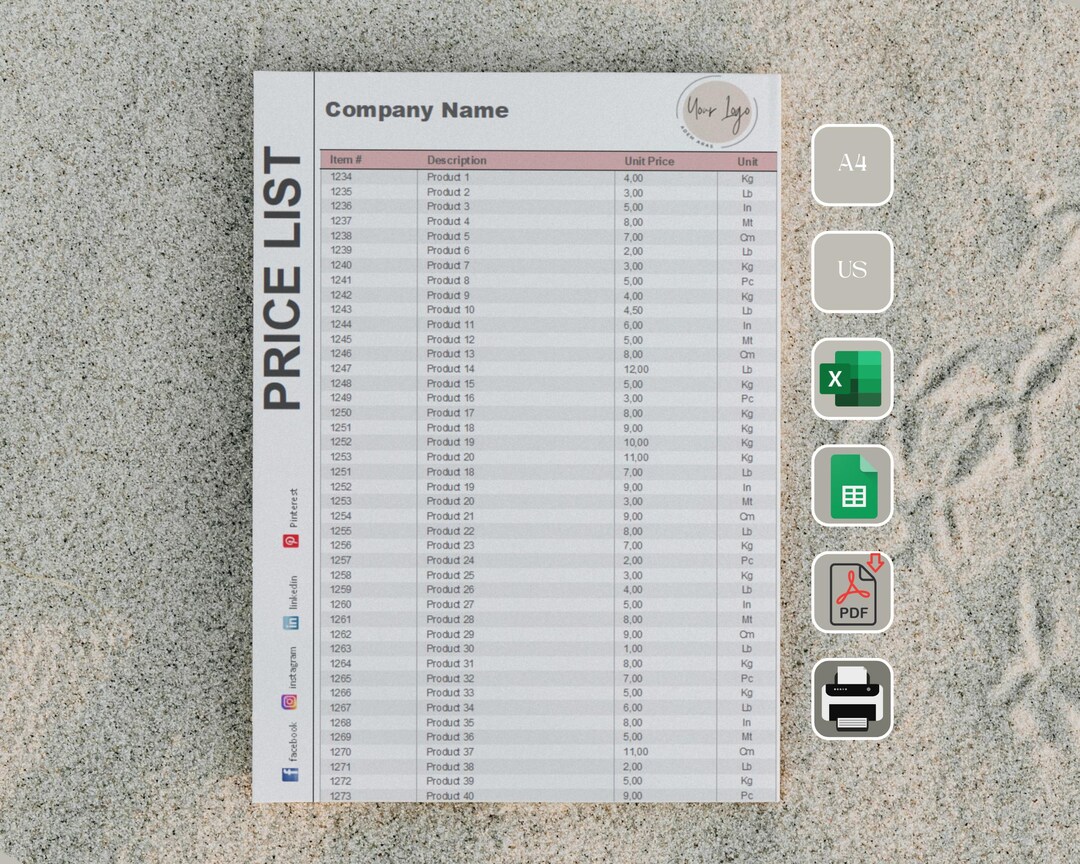 Price List Template, Microsoft Excel, Google Sheets, PDF Convertible ...