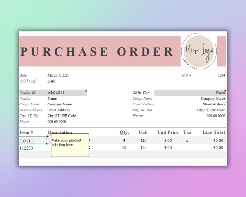 Advanced Purchase Order Form Template, Google Sheets, MS Excel ...