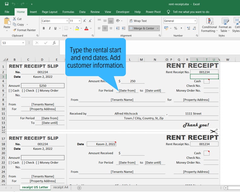 Rental Receipt Template Excel Google Sheets PDF Receipt - Etsy