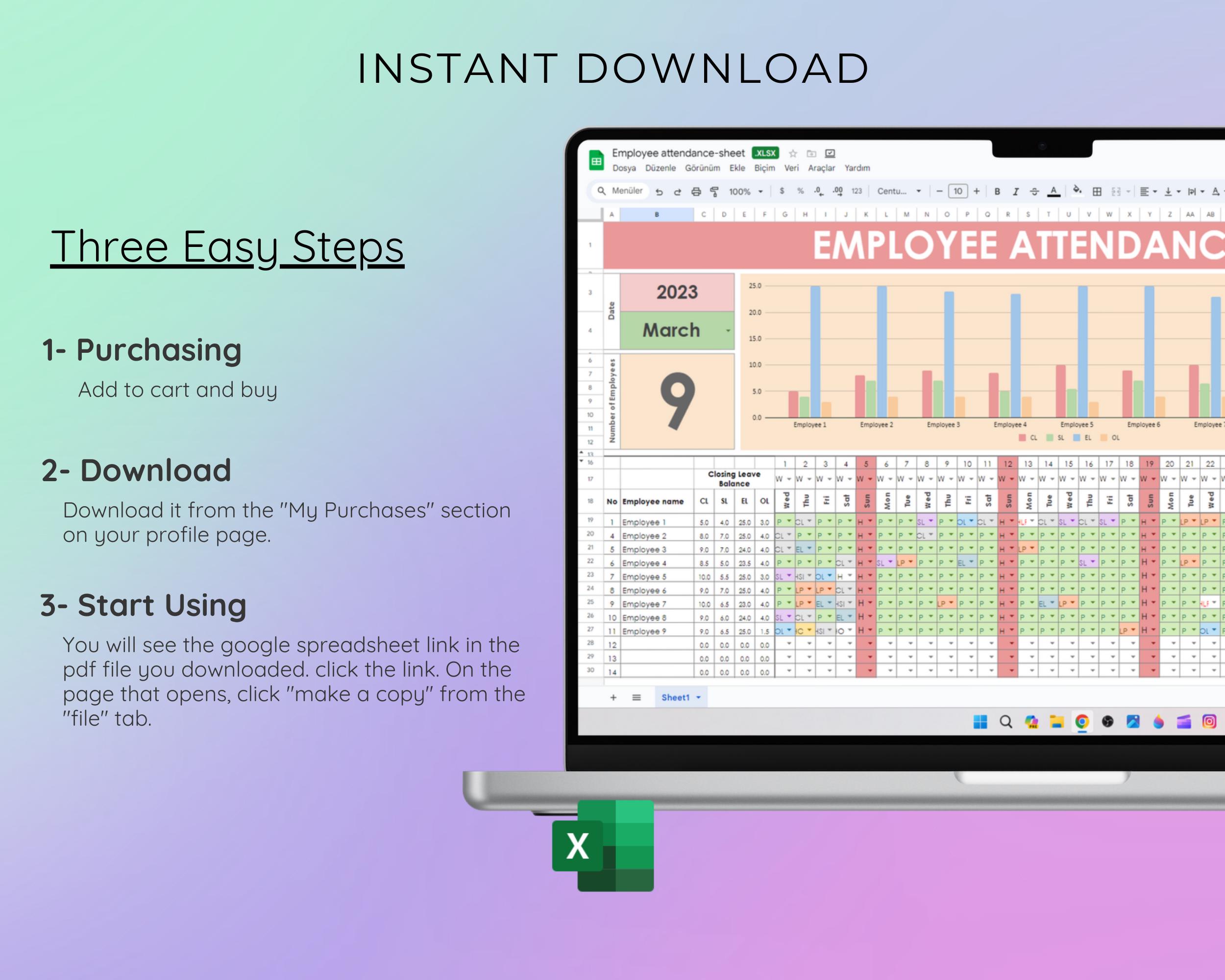 Excel Employee Attendance Tracker: Leave & Absence Chart (digital ...