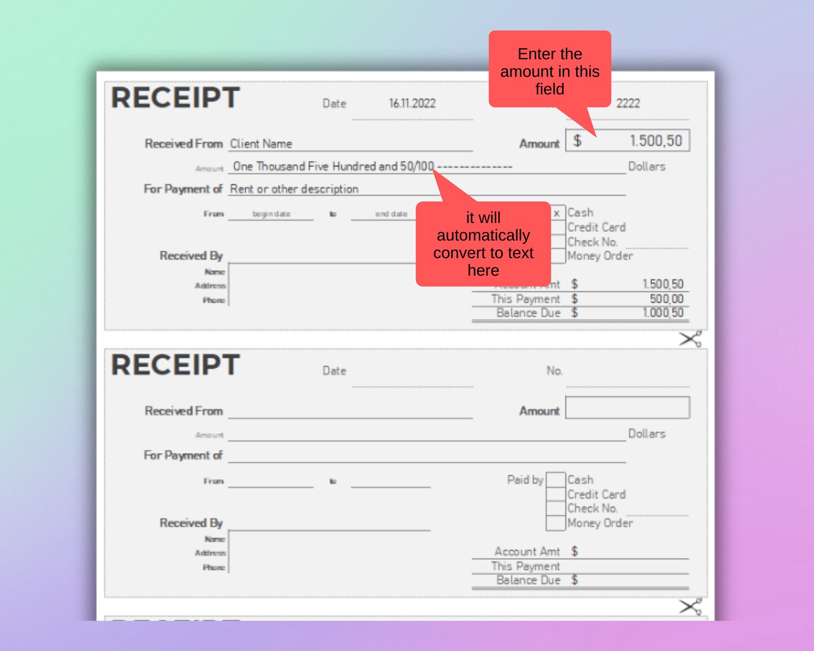 Receipt Template Excel and Google Sheets, Convertible PDF, Receipt Form ...