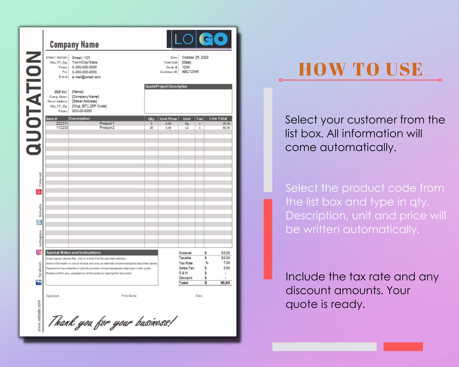 Advanced Invoice and Quotation Template, Selected From Customers and ...
