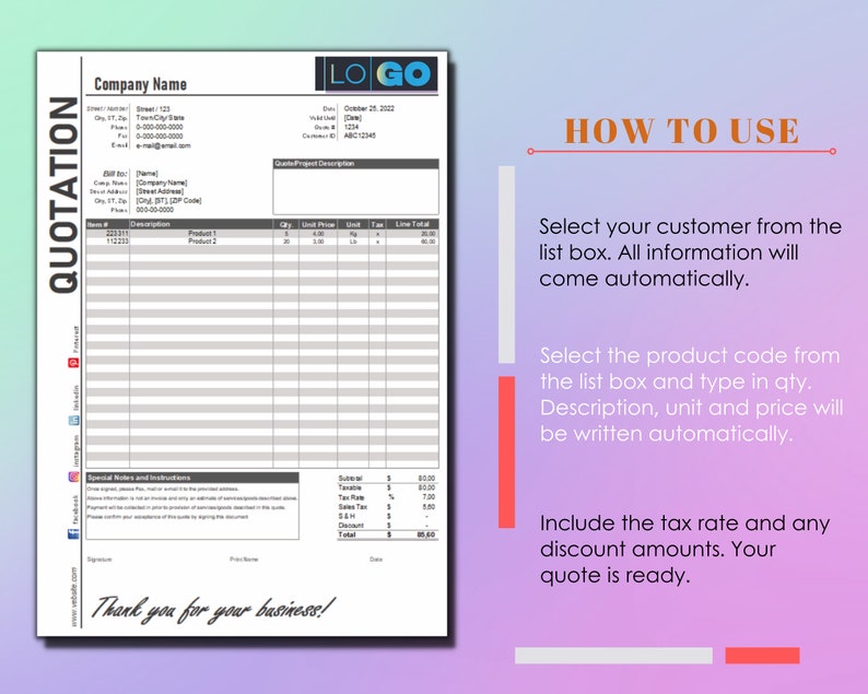 Advanced Invoice and Quotation Template, Selected From Customers and Products List Box, Excel ...