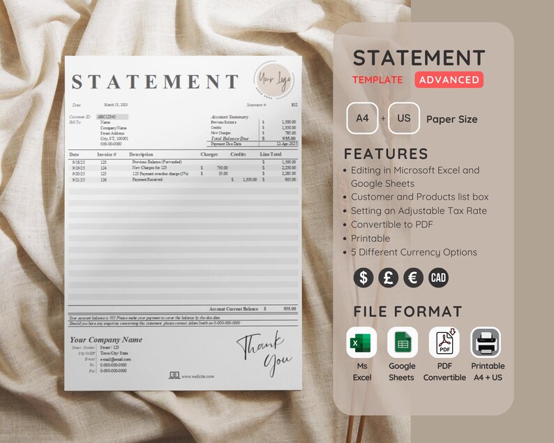 Customer Account Statement Template: Weekly/monthly Invoice (excel ...