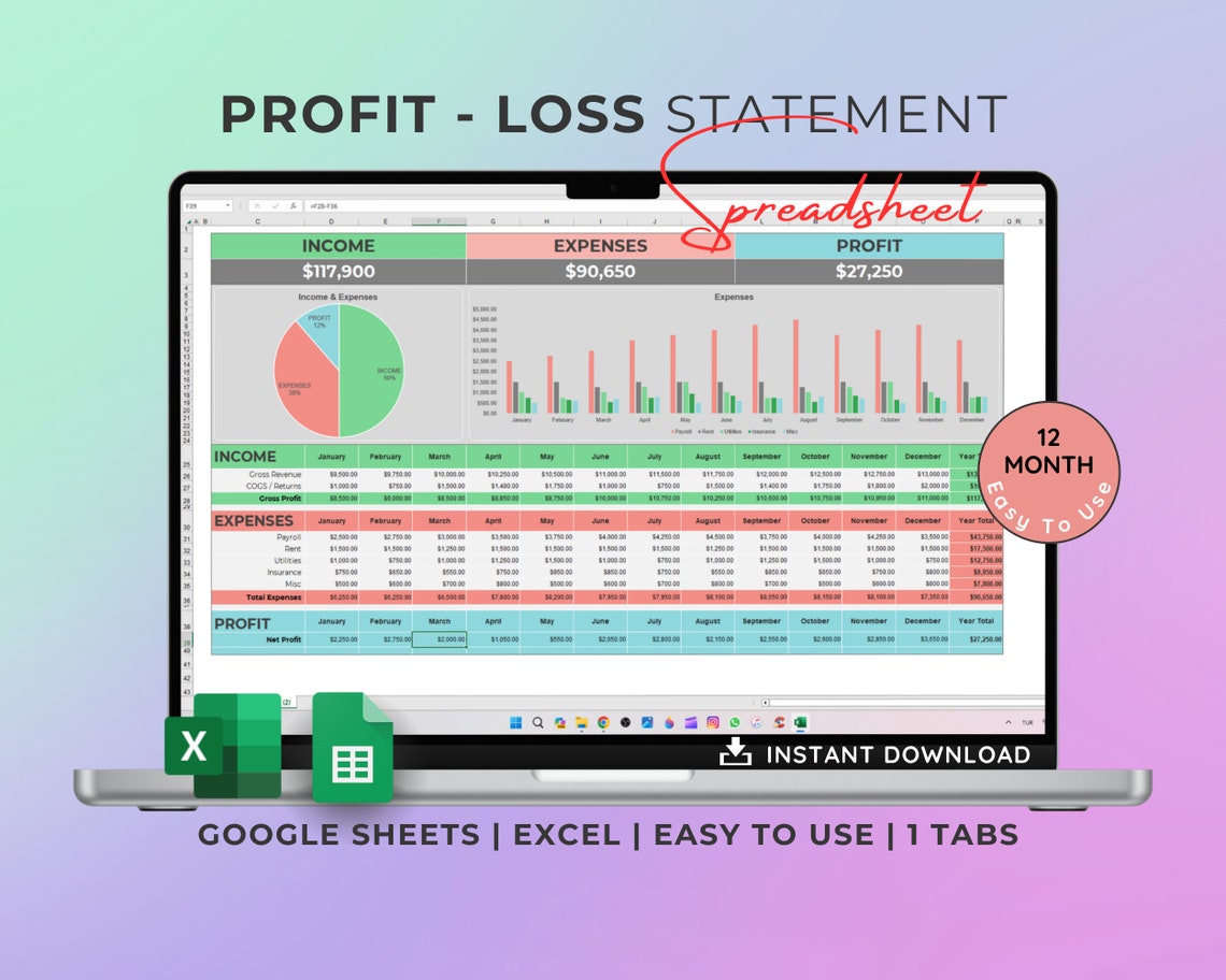 Profit and Loss Statement Template, Annual Profit & Loss Statement ...