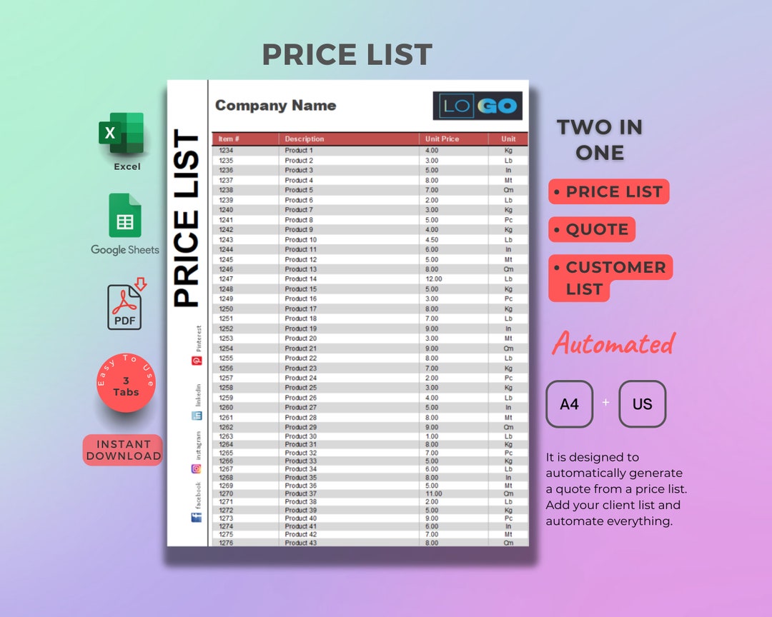 Price List Template, Google Sheets, Microsoft Excel, PDF Convertible ...