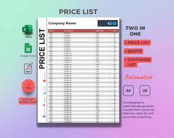 Price List Template, Microsoft Excel, Google Spreadsheet PDF ...