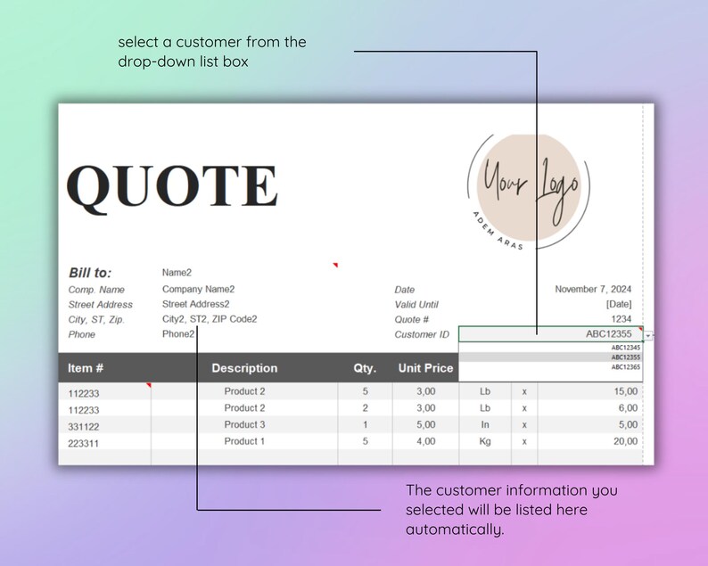 Advanced Quote Template: Excel & Google Sheets (printable PDF) - Etsy