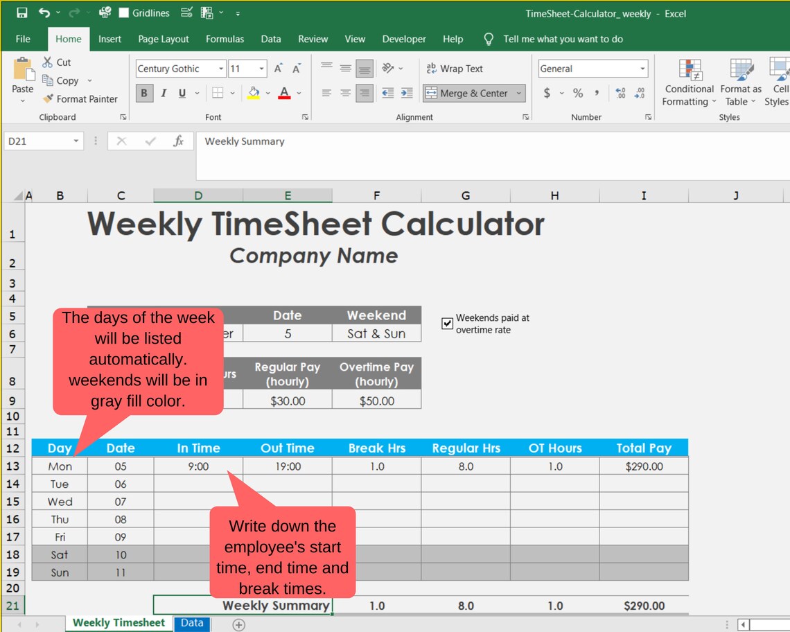 Weekly Timesheets Employee Table, With Break, Salary Calculator, Excel ...