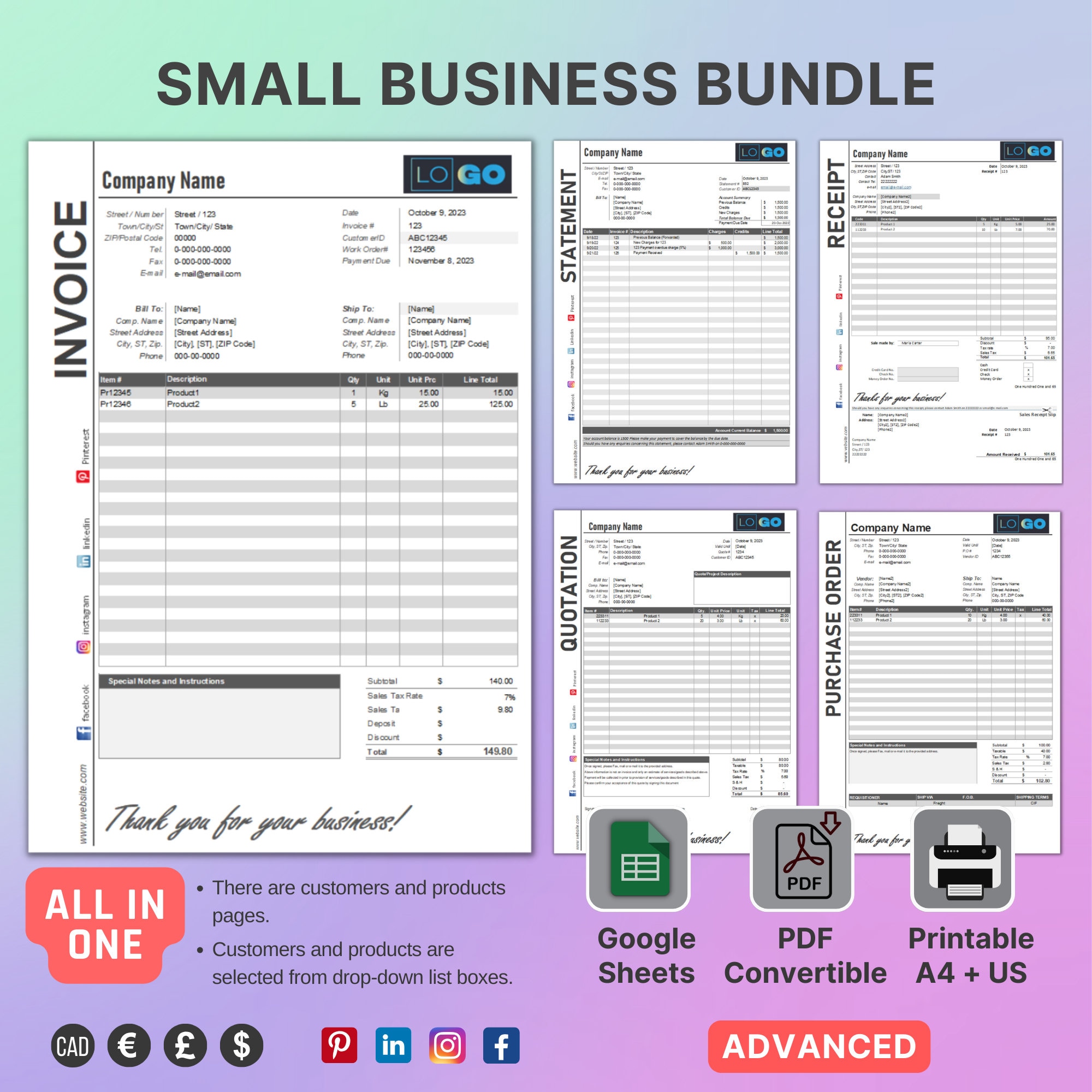 Editable Set of 5 Small Business Bundle, Editable in Google Sheets ...