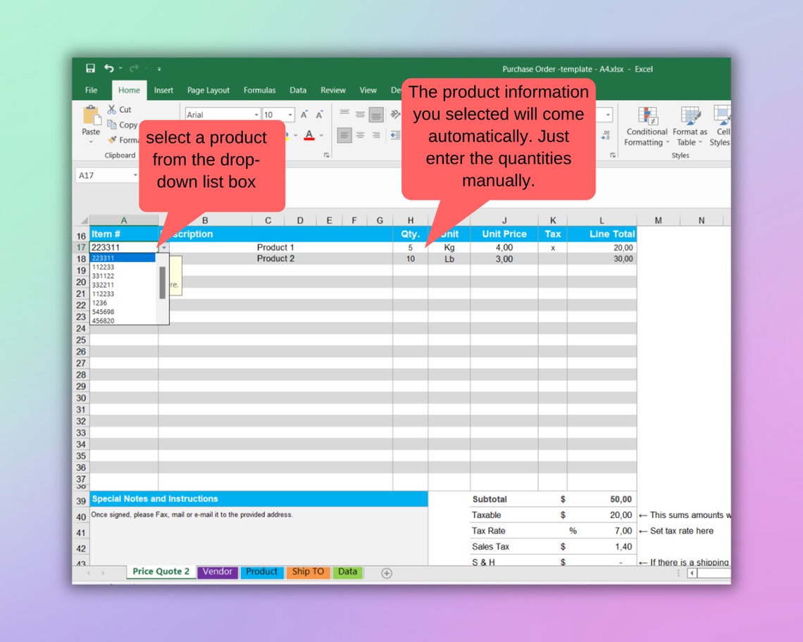 Advanced Purchase Order Form Template, Google Sheets, MS Excel ...
