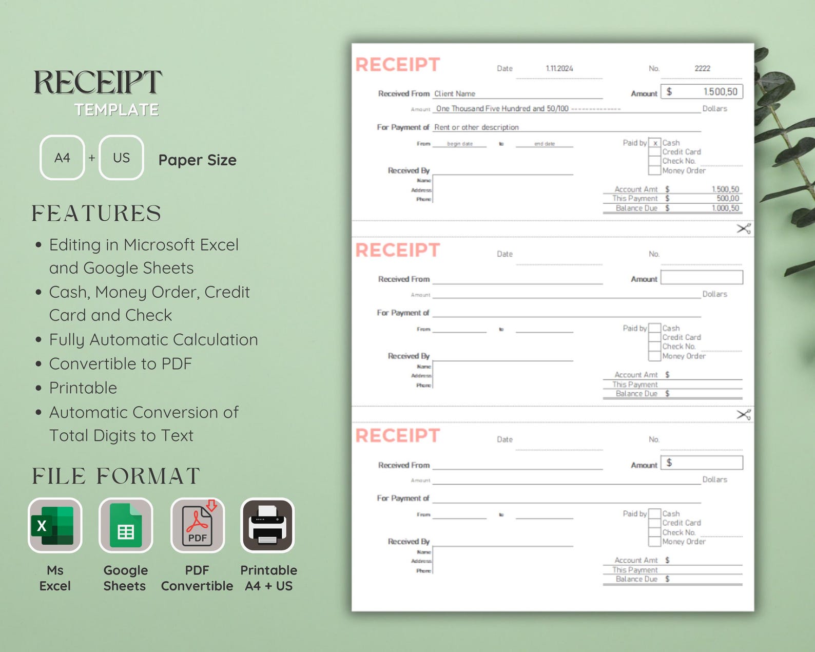 Receipt Template Excel and Google Sheets, Convertible PDF, Receipt Form ...